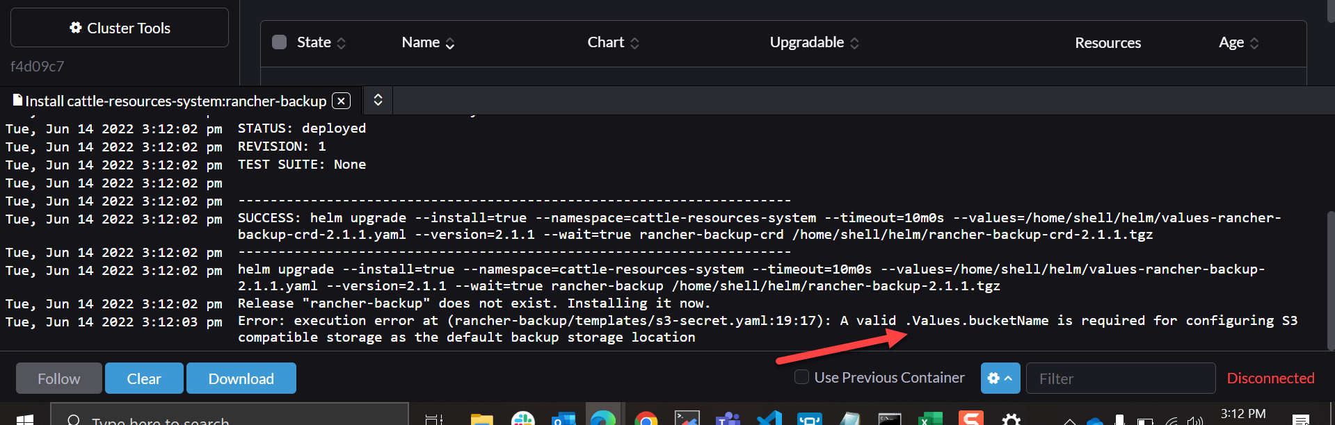 "Rancher Backups" helm chart -- during installation, on the 'values' page none of the required ...